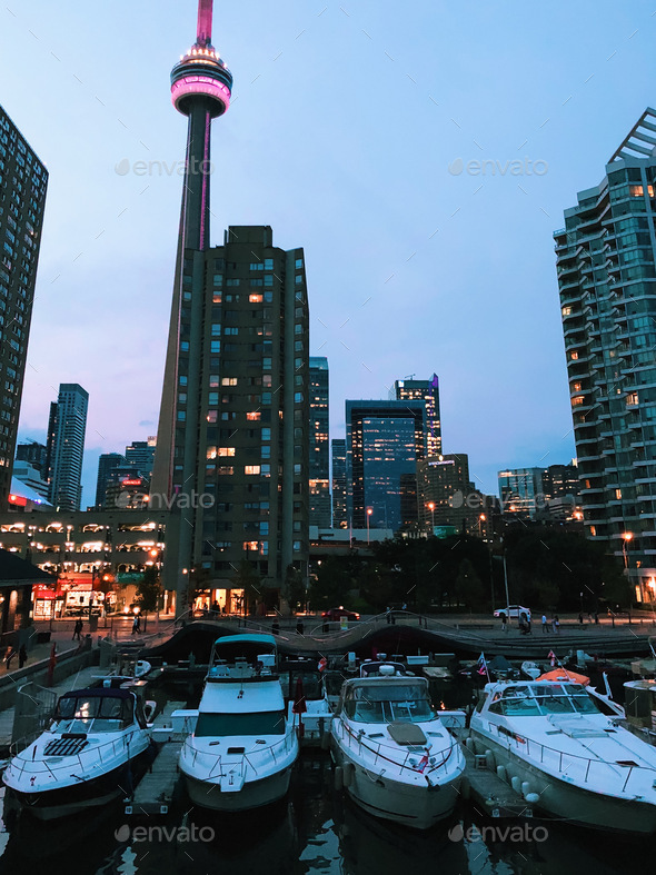 Toronto harbourfront marina with the view of CN Tower with night city ...