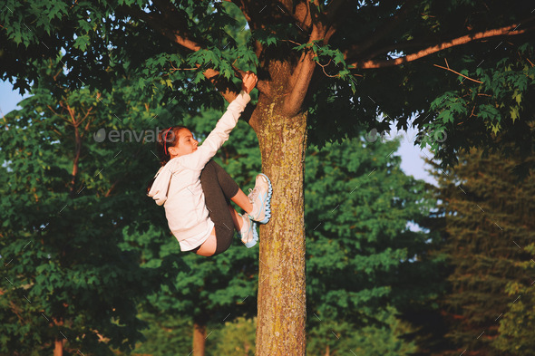 Young teenage girl is trying to climb a tree Stock Photo by JulieAlexK