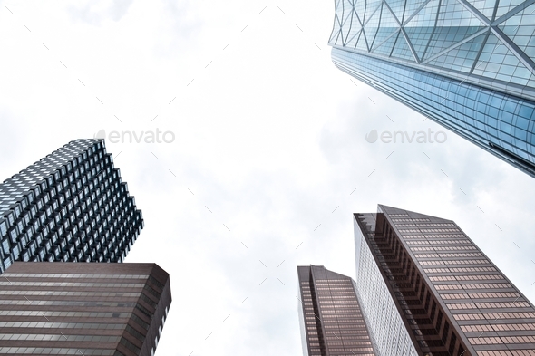 Looking up high rise office buildings in downtown Calgary with copy ...