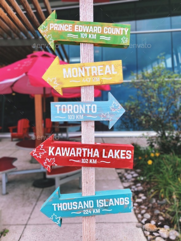 Colorful directional sign in southern Ontario at on route stop Stock ...