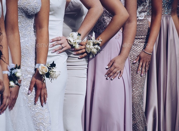Young girls dressed in formal pastel colored gowns lined up for a ...