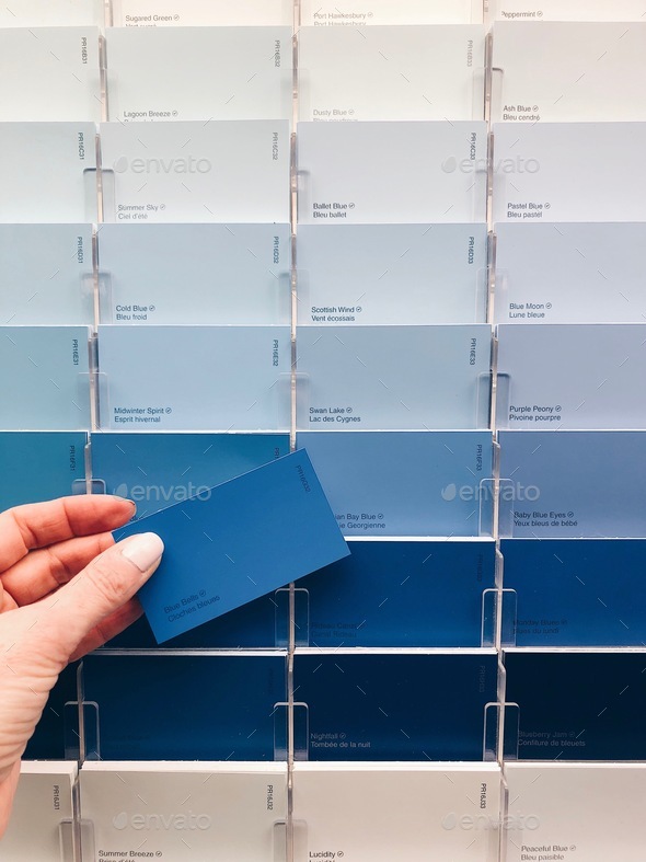 Choosing paint colors. A gradation of blue colors Stock Photo by JulieAlexK