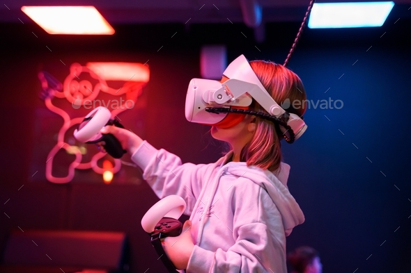 Girl playing vr game in 3d glasses headset.Virtual reality simulation ...
