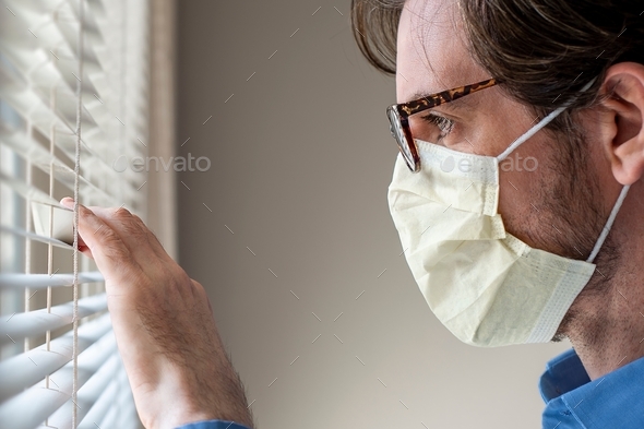 Face mask looking out window blinds Stock Photo by RLTheis | PhotoDune