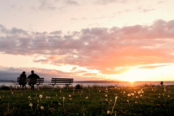 Couple on park bench sunset park view Stock Photo by RLTheis | PhotoDune