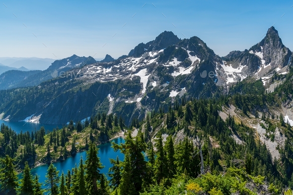 High angle mountain lakes and mountain peaks Stock Photo by RLTheis