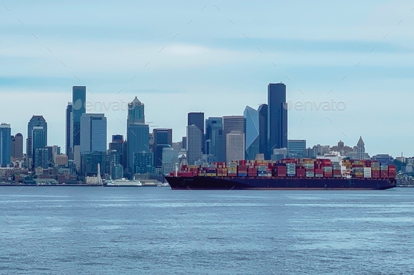 Large cargo container ship full of imports exports with Seattle city ...