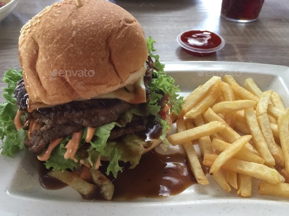 Double beef burger and fries Stock Photo by weewendy | PhotoDune