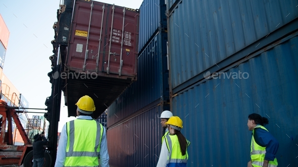 Shipping container site loading in logistic port warehouse storage ...