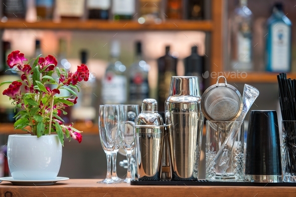 Set of bar accessories for making cocktails located on the bar Stock ...