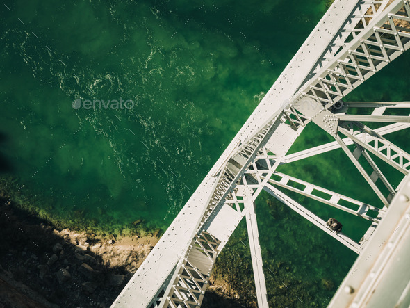An endangered California Condor rests on a beam high above a river ...
