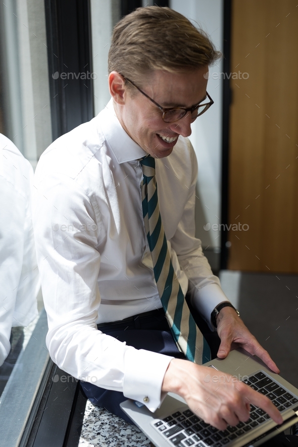 Male man office worker using his laptop computer Stock Photo by ...