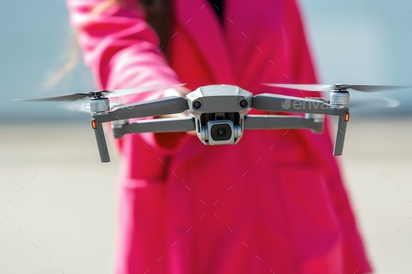 Start the drone, launching from hands. Defocused young woman in the background, focus on the ...