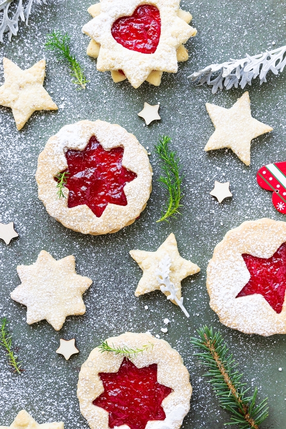Traditional Linzer Christmas cookies with raspberry jam. Stock Photo by ...