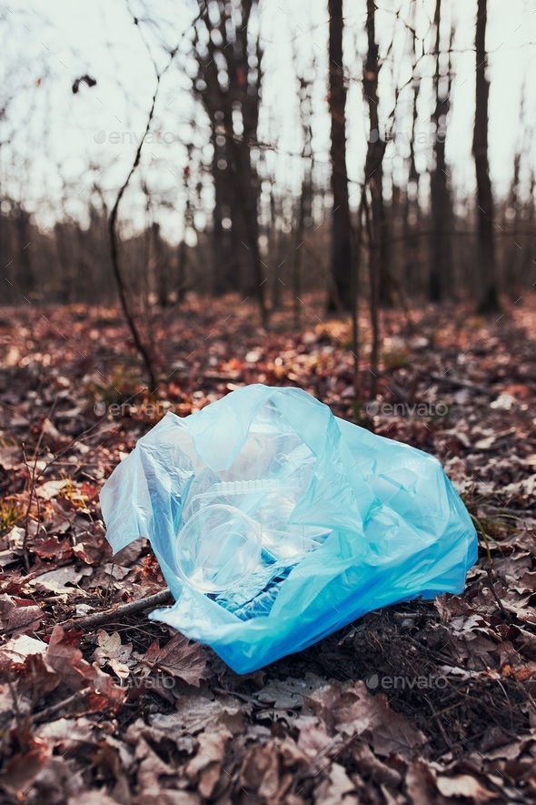Plastic waste left in forest. Concept of plastic pollution and ...