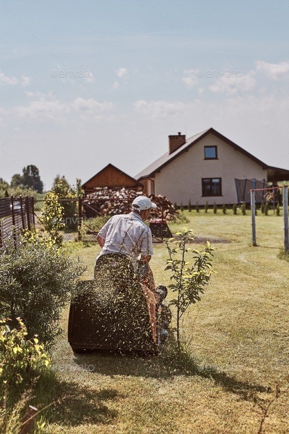 Man mowing his lawn using riding lawnmower. Man maintaining grass in ...
