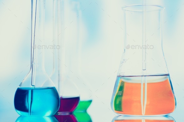 Chemistry and science. Flasks with fluids. Chemical science. Chemical ...