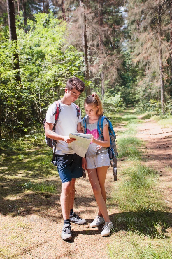 Young boy and girl wandering in a forest on summer day equipped with ...