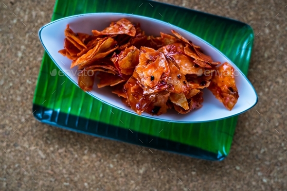 Kerepek Pedas or Crackers made of cassava or tapioca. Sliced, fried and ...