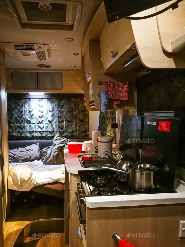 messy motor home interior at night Stock Photo by ellinnur | PhotoDune