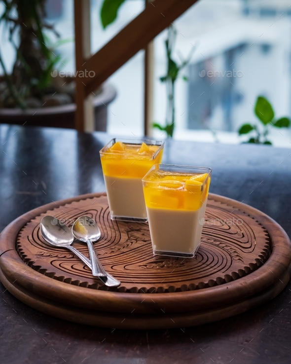 Mango Panna cotta with mango jelly, Italian dessert, homemade cuisine ...