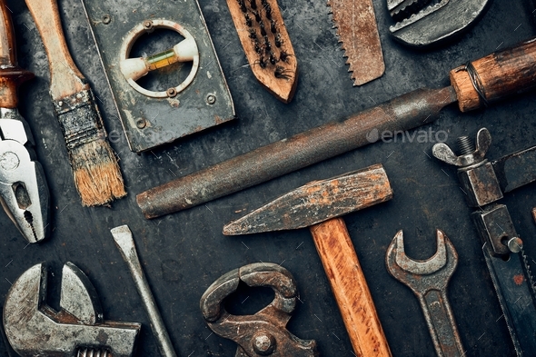 Old hardware tools. Mechanic tools for maintenance. Hardware tools to ...