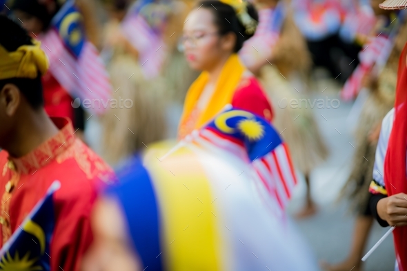 colourful parade with malaysia flags during independence merdeka ...