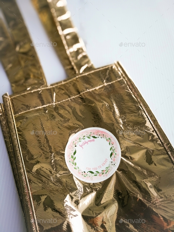 golden bag with empty sticker for mockup Stock Photo by ellinnur ...