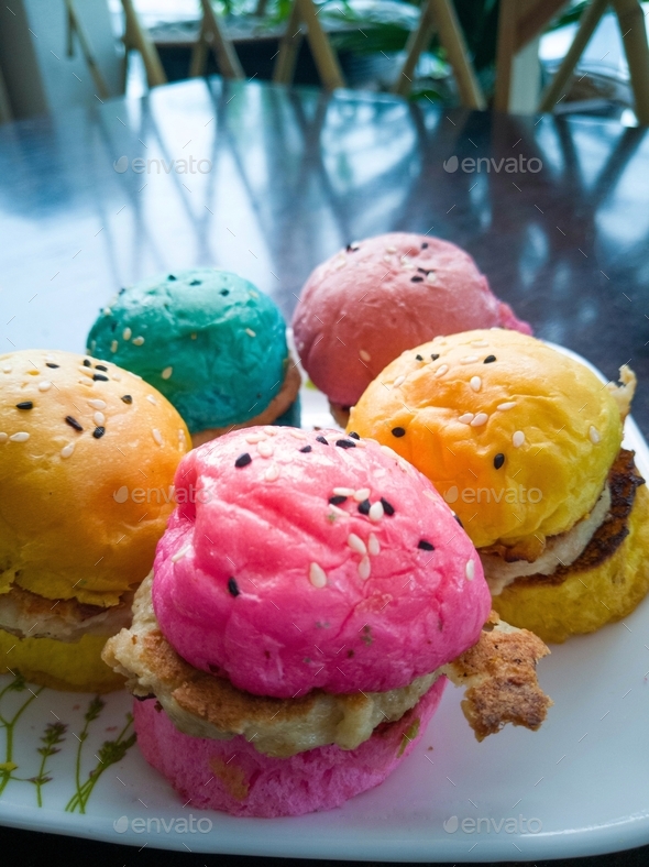 colourful mini burgers on a plate Stock Photo by ellinnur | PhotoDune