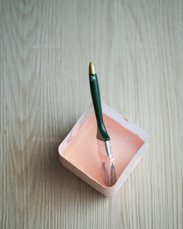 paint brush in pastel pink colour paint box Stock Photo by ellinnur