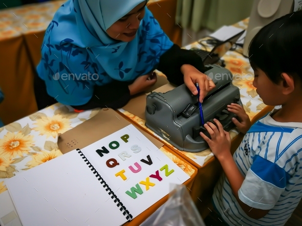 Colourful letters on the book as a reference for the child to type into ...