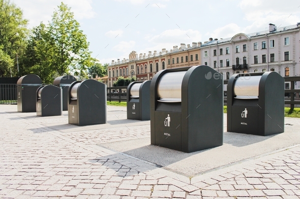 Eco recycling of trash and garbage, modern trash cans Stock Photo by ...