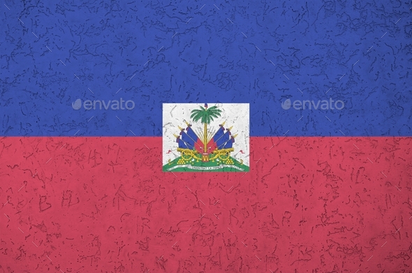 Haiti flag depicted in bright paint colors on old relief plastering ...