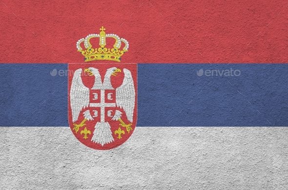 Serbia flag depicted in bright paint colors on old relief plastering ...
