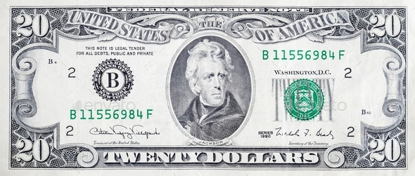 Portrait of US president Andrew Jackson on 20 dollars banknote closeup ...