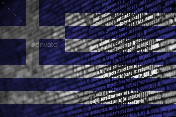 Greece flag is depicted on the screen with the program code Stock Photo ...