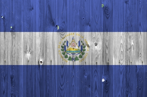El Salvador flag depicted in bright paint colors on old wooden wall ...