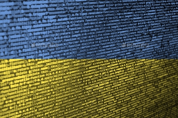 Ukraine flag is depicted on the screen with the program code Stock ...