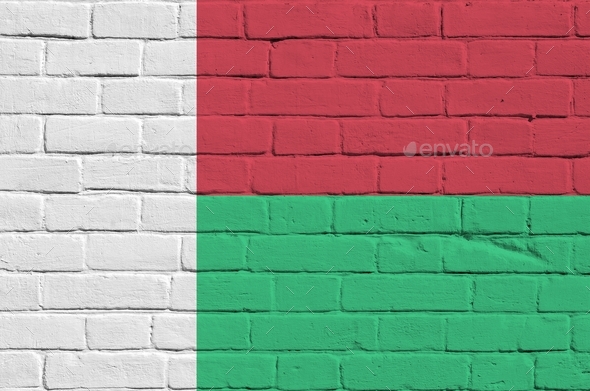 Madagascar flag depicted in paint colors on old brick wall close up ...