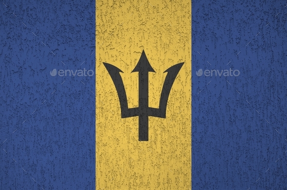 Barbados flag depicted in bright paint colors on old relief plastering ...