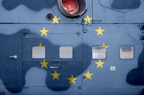 European union flag depicted on side part of military armored ...