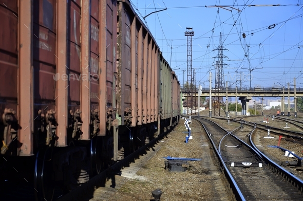 Railway landscape. Many railroad cars and tanks standing in rails Stock ...