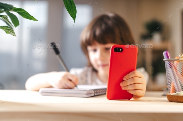 Back to school. Distance learning online education. Kid boy studying at ...