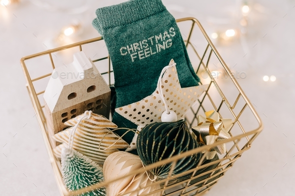Christmas feeling. Basket with merry Christmas decorations, preparation ...