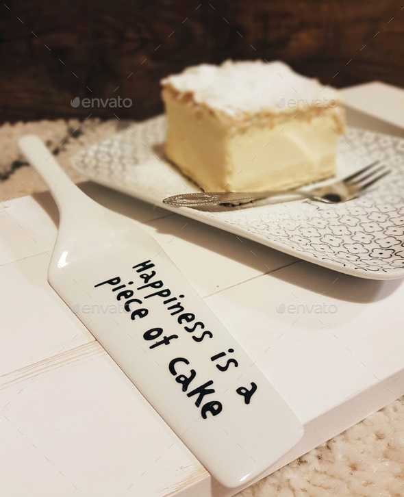 Close-up of cake slices and a piece of cake. Text, words, motivational ...