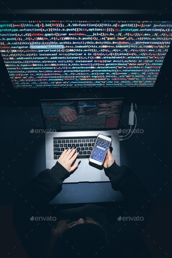 Cyber security threat. Young woman using computer and coding. Breaking ...