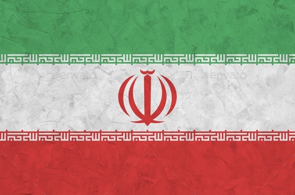 Iran flag depicted in bright paint colors on old relief plastering wall ...