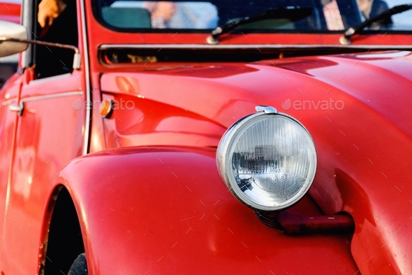 Round head light on vintage red car. Stock Photo by 9_fingers_ | PhotoDune