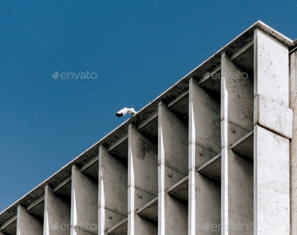 Minimalist architecture, concrete building, cctv camera, surveillance ...