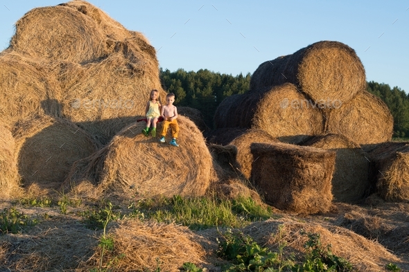children siting on haystacks Stock Photo by shapoval08 | PhotoDune
